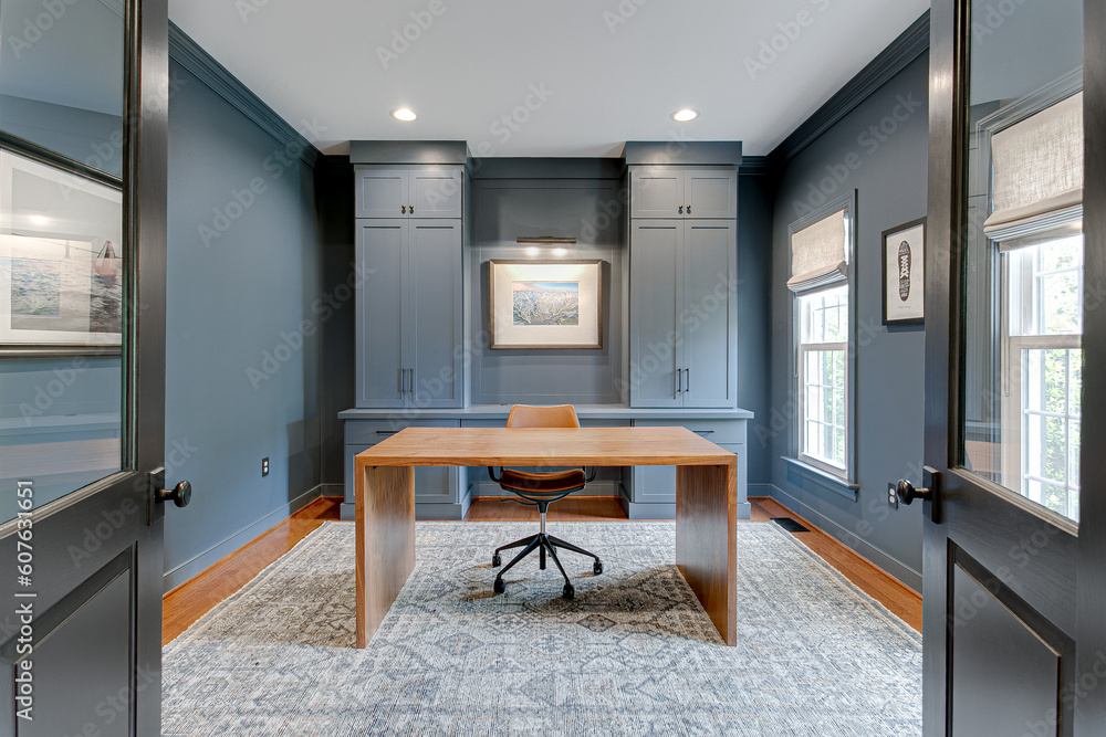 Luxury Modern Office Blue Interior with Sustainable Wood Desk and ...