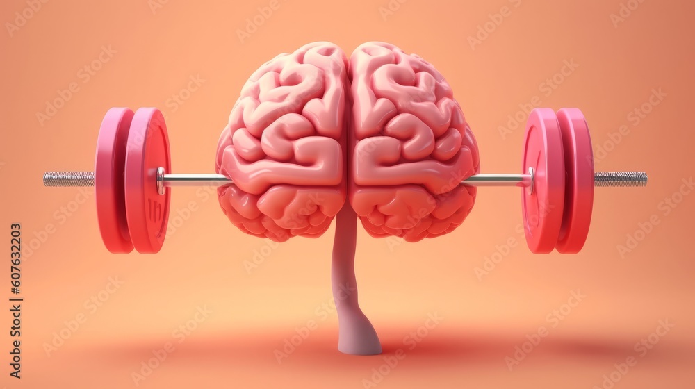 Human brain lifting weights. 3D brain lifting a heavy dumbbell ...