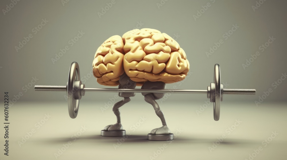 Human brain lifting weights. 3D brain lifting a heavy dumbbell ...
