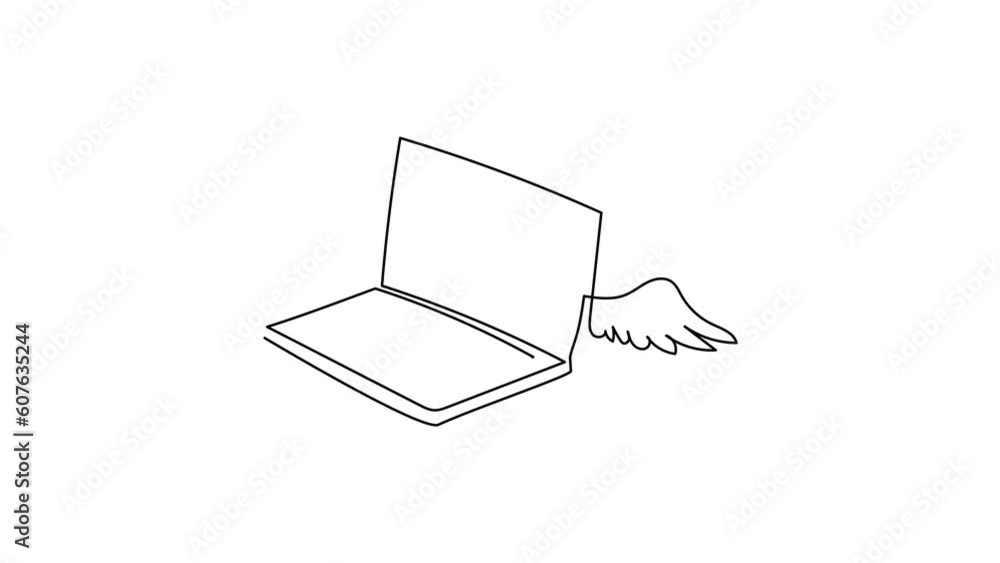 Animated self drawing of continuous line draw flying laptop with wings ...