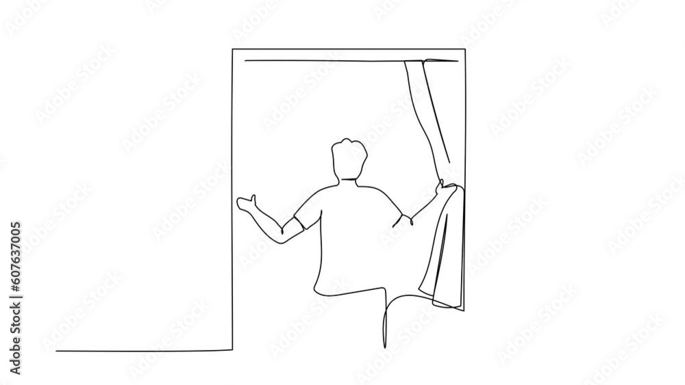 Self drawing animation of single line draw man opening window curtains ...