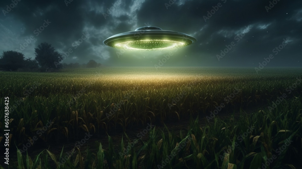 UFO saucer hovering over corn field at starry night with wide beam of light underneath ...