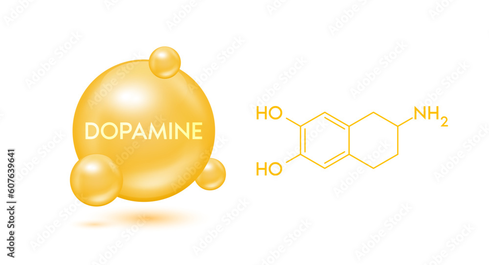 Dopamine model orange and structural chemical formula. Symbol 3D icon ...