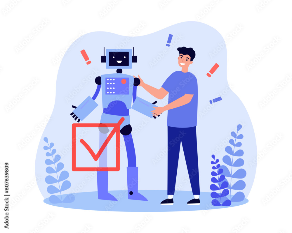 Happy man shaking hands with comic robot vector illustration. Male ...