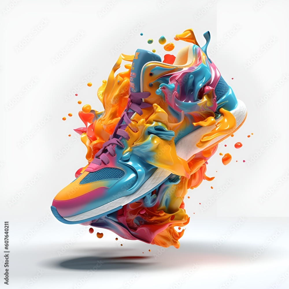 Vibrant 3D Rendered Shoe with Floating Paint Splash for web design ...