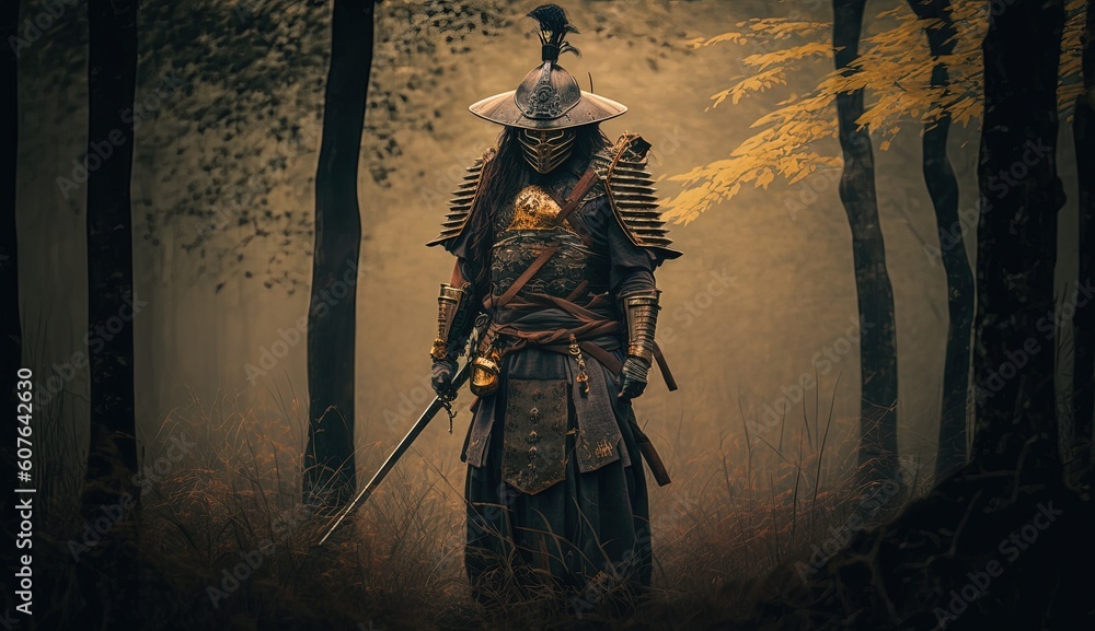 a samurai with a sword standing in a field full of woods generative ai ...