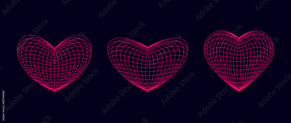 Pink wireframe heart shapes set. grids. Grid design element. Love or ...