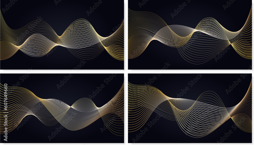 3d wavy gold lines swoosh on dark background. Luxury beauty thin curves ...