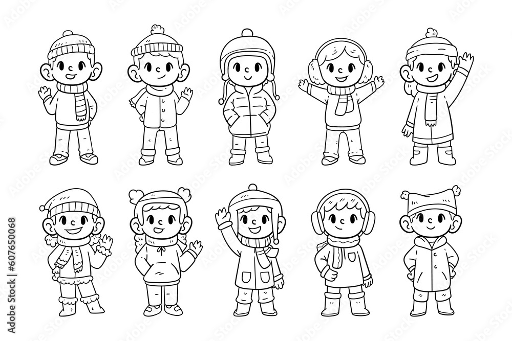 Set of kids winter character hand-drawn outline sketch illustration ...