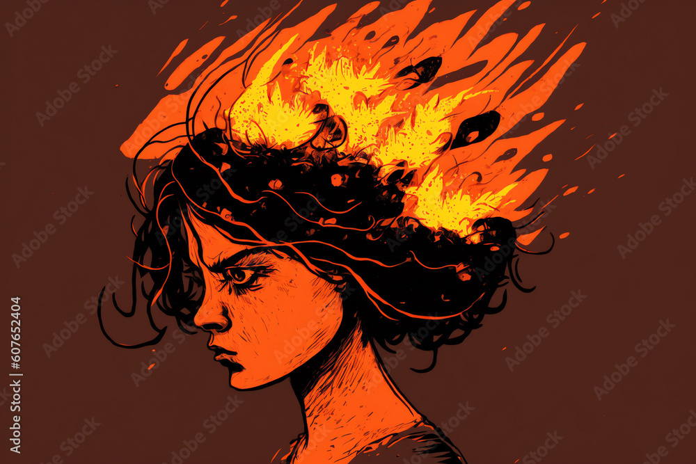 Sad woman with burning head. Head fire due to stress. Head in flames of ...
