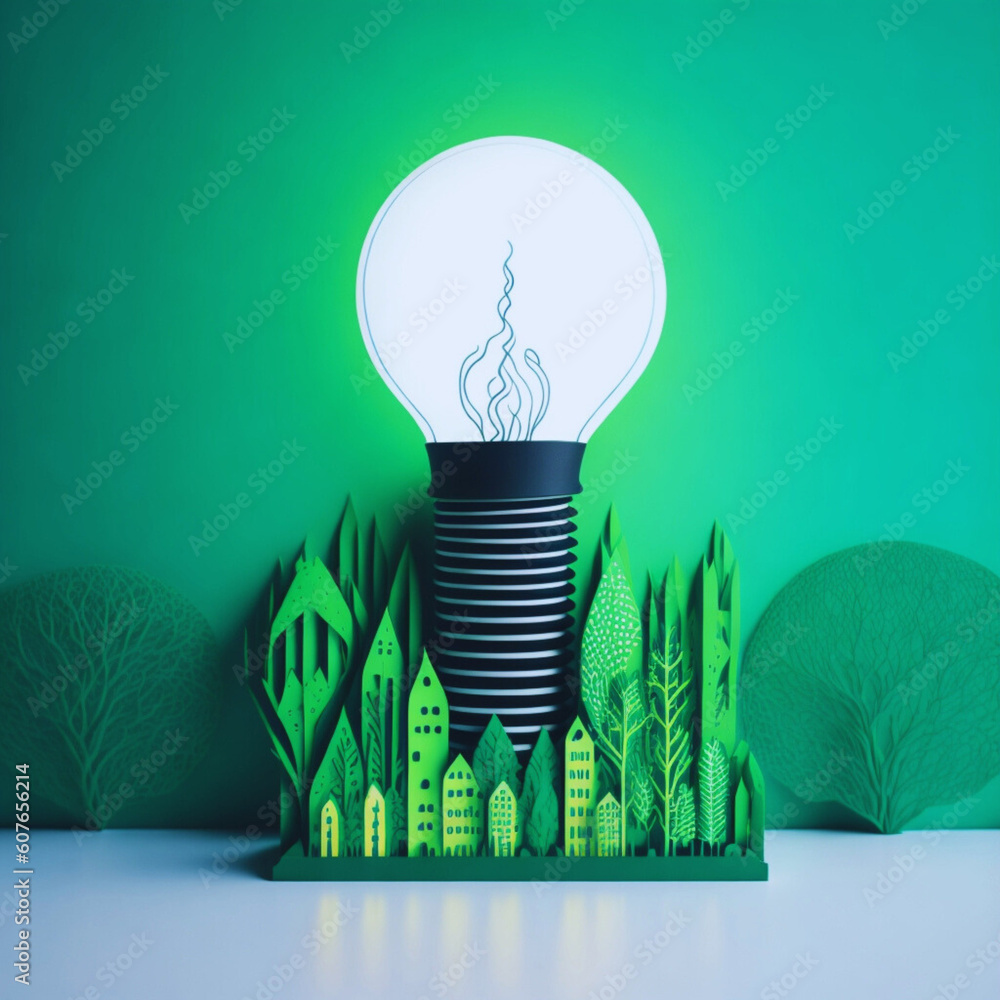 Paper cut of light bulb with green eco city , Renewable energy by 2050 ...