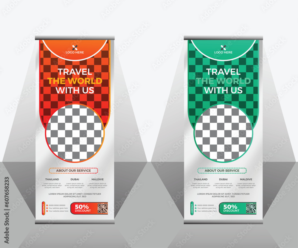 Vetor de Travel vacation roll up banner design template for business or ...