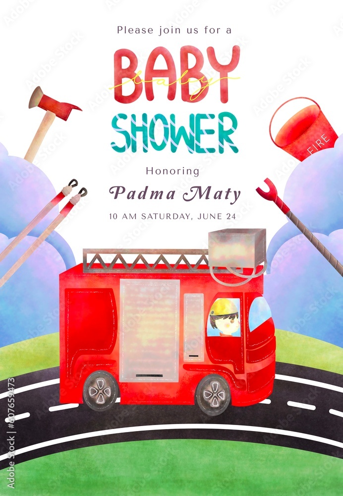 Fire truck baby shower invitation card. Firefighter baby shower poster ...