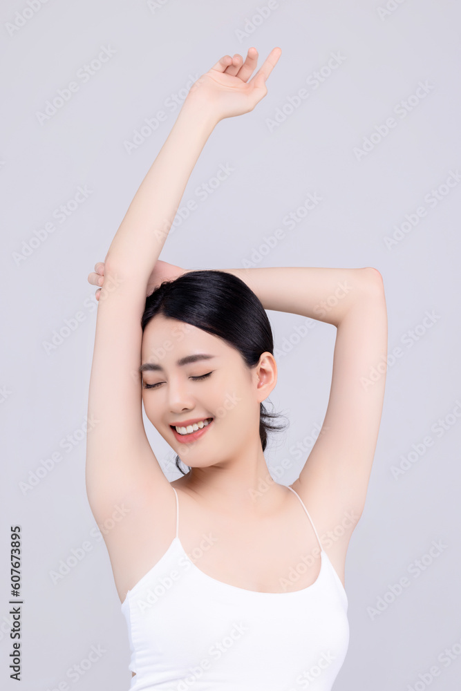 Beautiful Young Asian woman lifting hands up to show off clean and ...