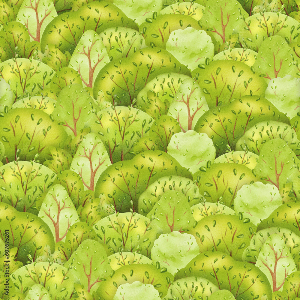 Seamless pattern of green shrubs under the warm summer sun. Cartoon ...