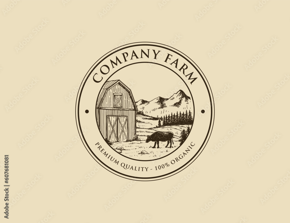 Vintage farm barn logo design with hand drawn retro and tree in ...