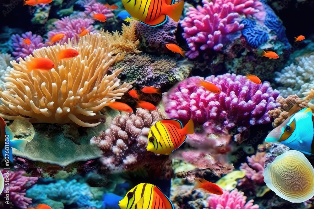 Tropical Aquarium with Fish, Coral. Anemones Seamless Texture Pattern ...