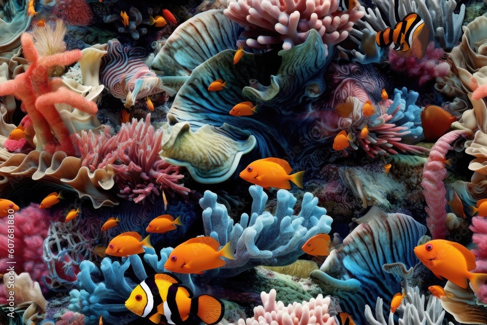 Tropical Aquarium with Fish, Coral. Anemones Seamless Texture Pattern ...