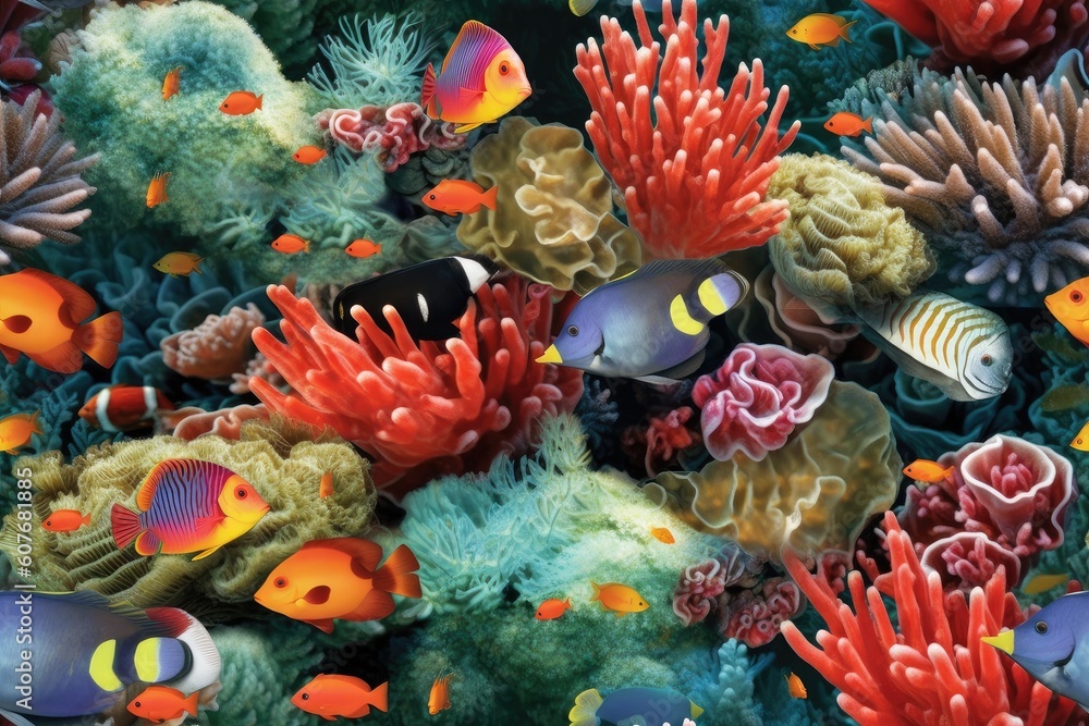 Tropical Aquarium with Fish, Coral. Anemones Seamless Texture Pattern ...