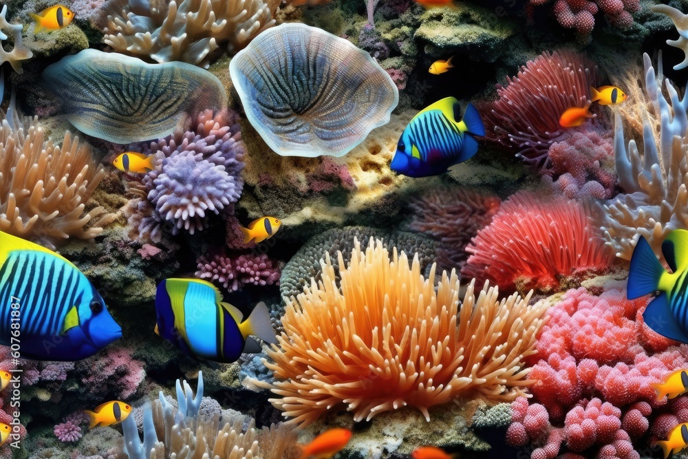 Tropical Aquarium with Fish, Coral. Anemones Seamless Texture Pattern ...