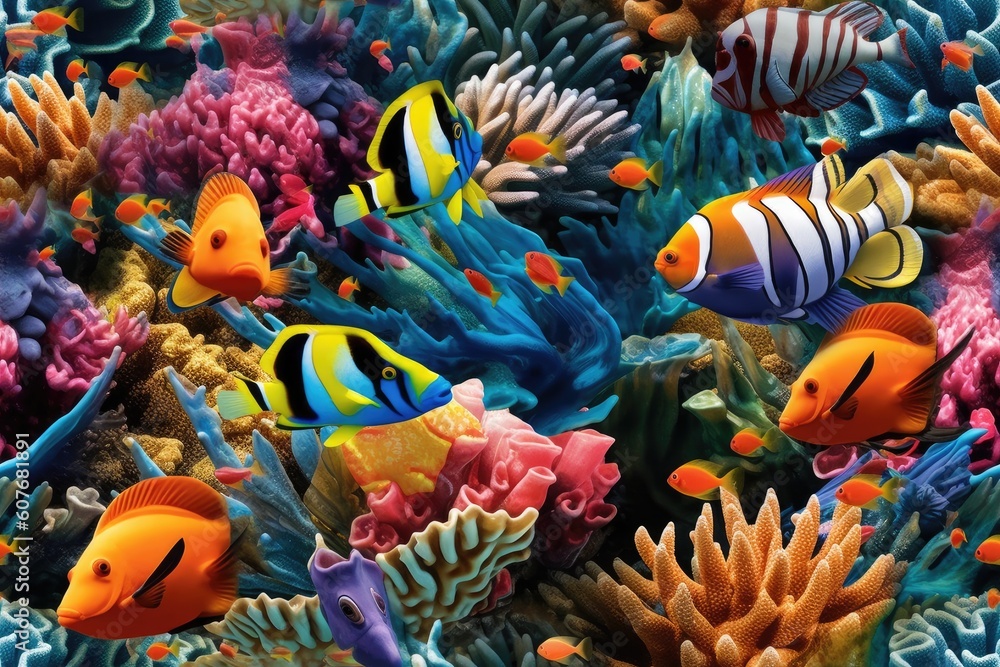 Tropical Aquarium with Fish, Coral. Anemones Seamless Texture Pattern ...