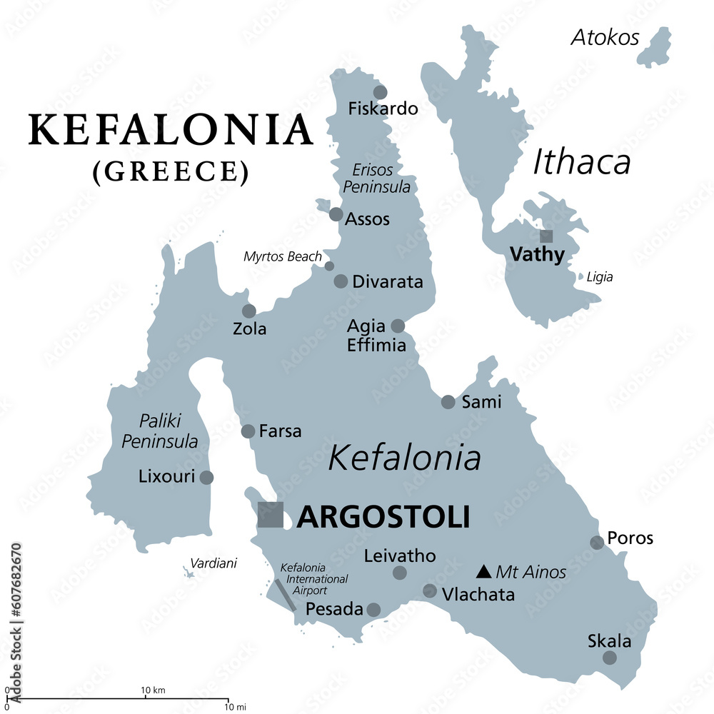 Kefalonia, Greek island, gray political map. Also known as Cephalonia, Kefallinia or Kephallenia ...
