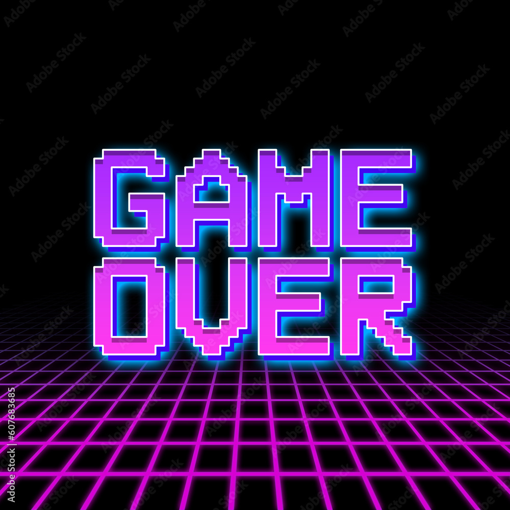 80s Retro game over Pixel Text neon grid background Stock Illustration ...