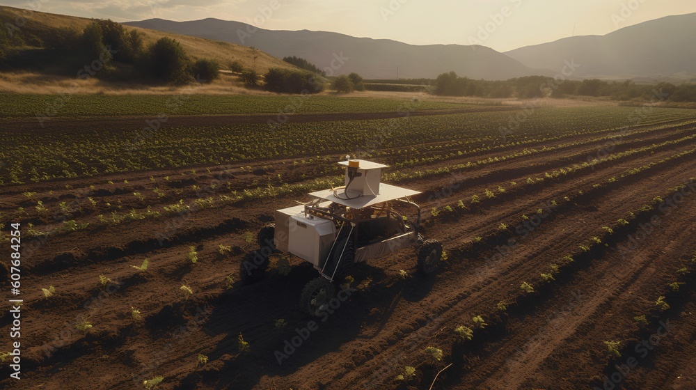 Solar powered agricultural robot industriously operating in the field ...
