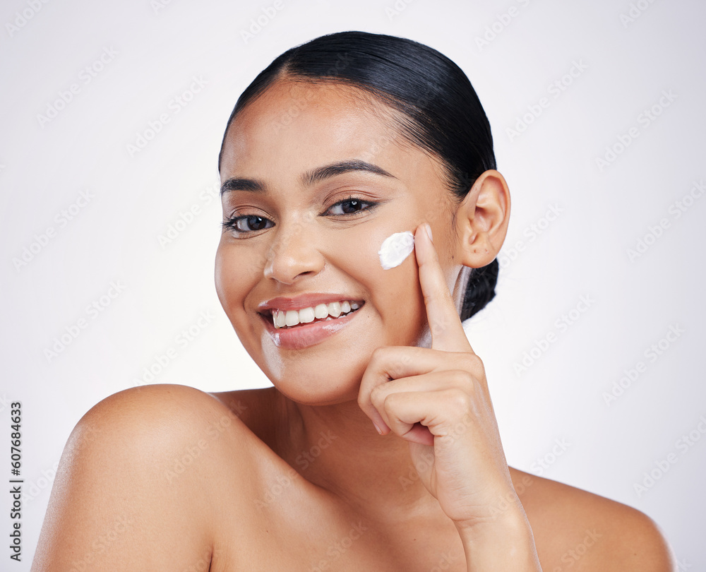 Woman in portrait, cream on face and beauty with skincare, smile and ...