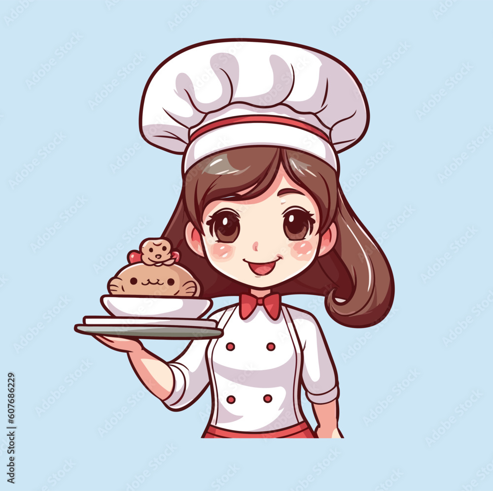 Chef Woman Cute Kawaii Hand Drawn Cartoon Illustration Stock Vector ...