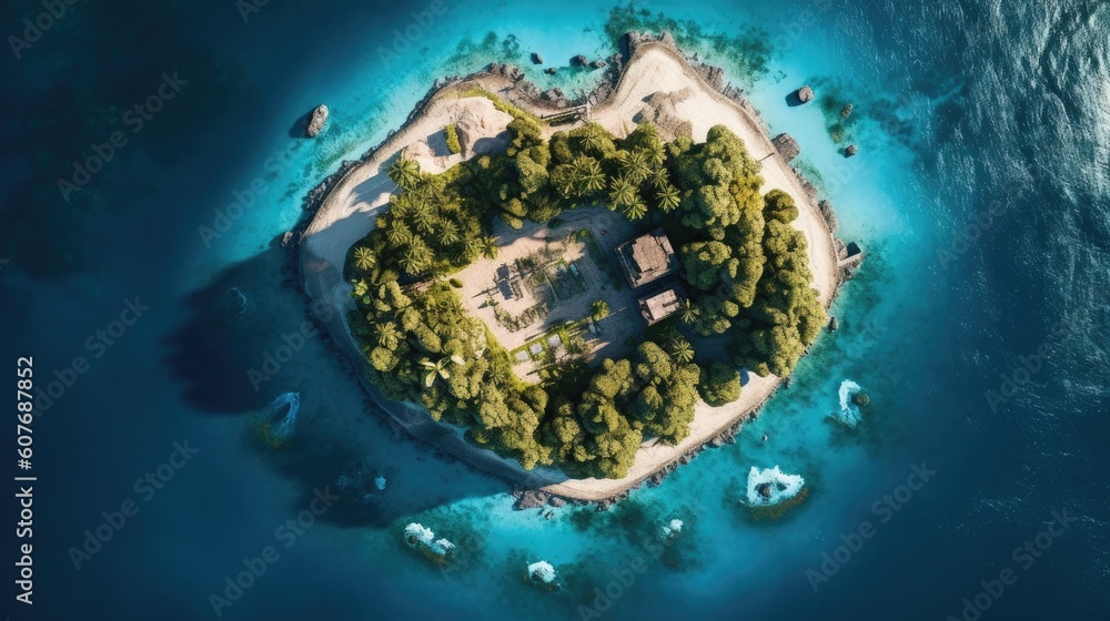 Top view of a tropical island in the middle of a crystal clear blue ...