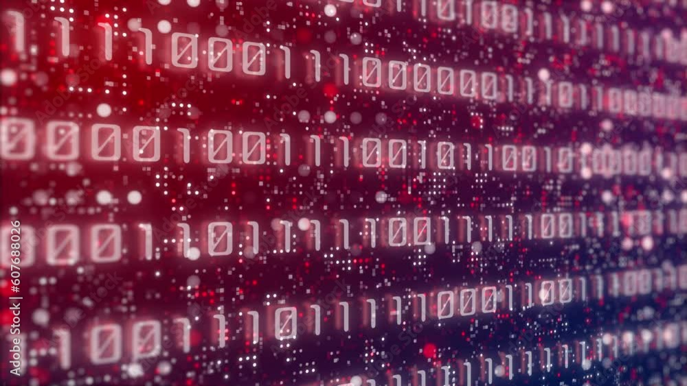 Abstract red background with binary computer code. Panel with rapidly changing zeros and ones ...
