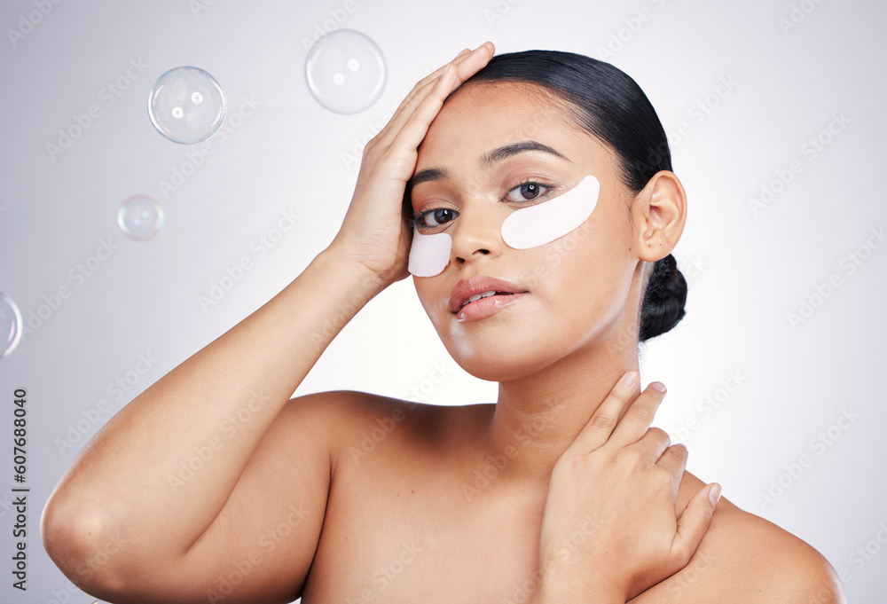 Eye mask, face and a woman in studio for beauty glow, dermatology or ...