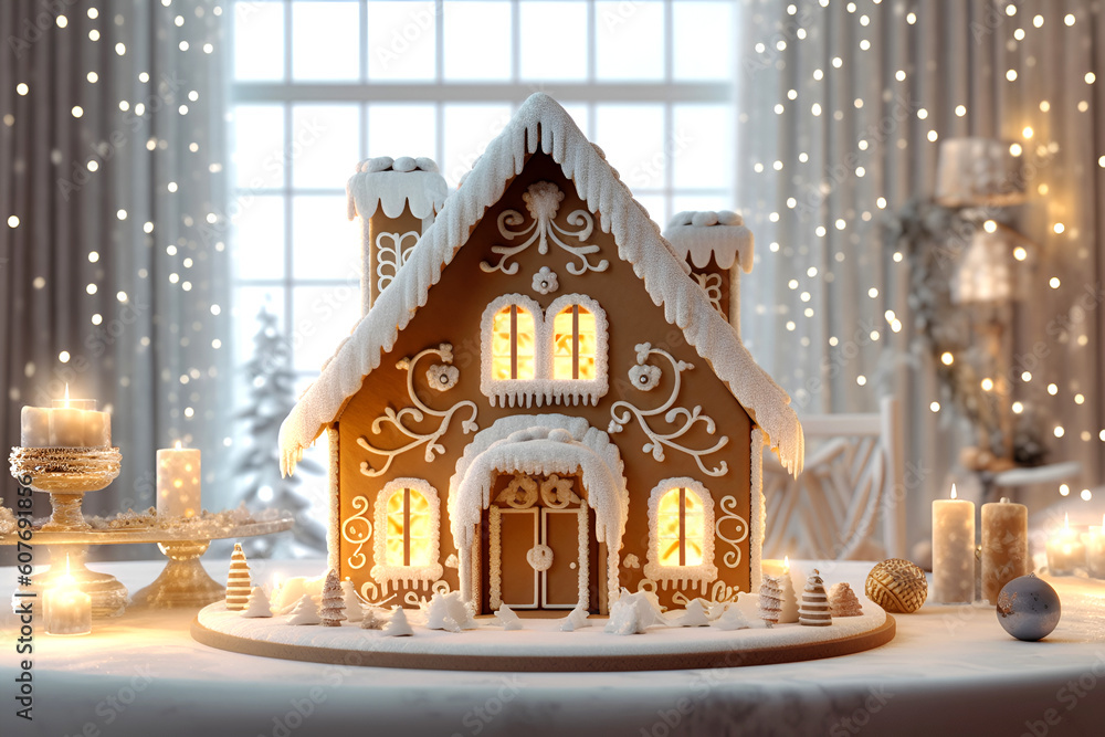 Christmas gingerbread house in a decorated room with highlights ...