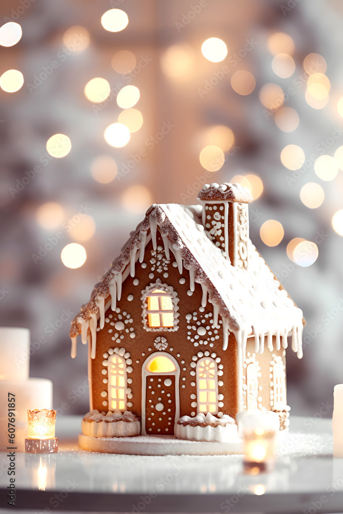 Christmas gingerbread house in a decorated room with highlights ...