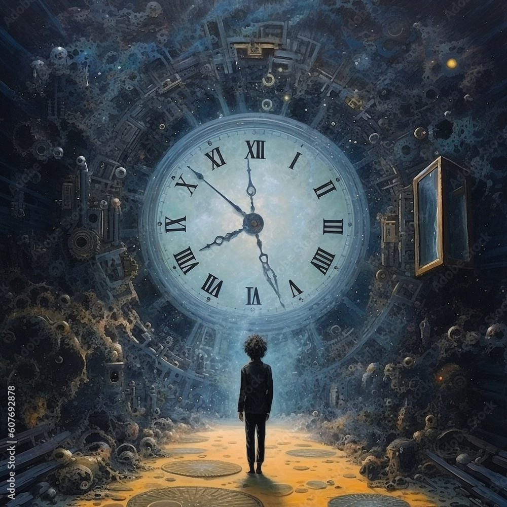 Generative ai man standing in front of a giant clock Stock Illustration ...