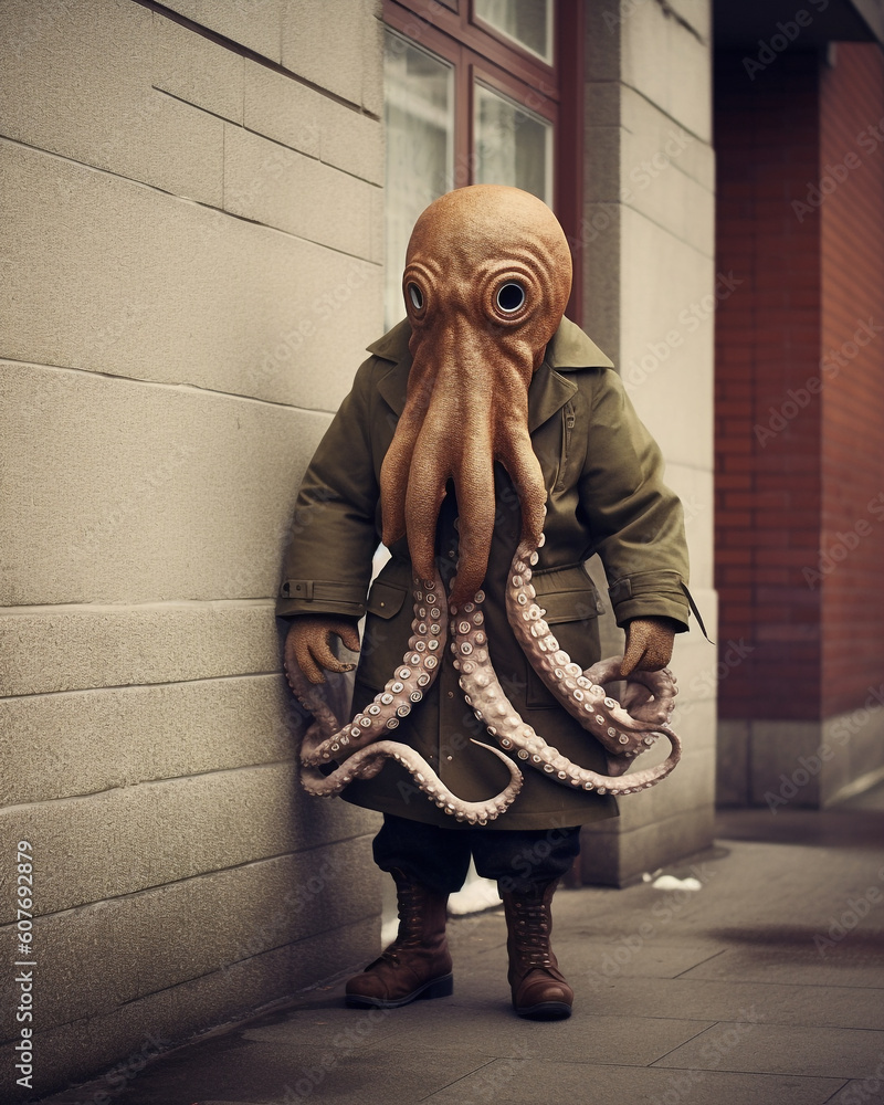 Generative ai anthropomorphic octopus wearing suit walking outdors city ...