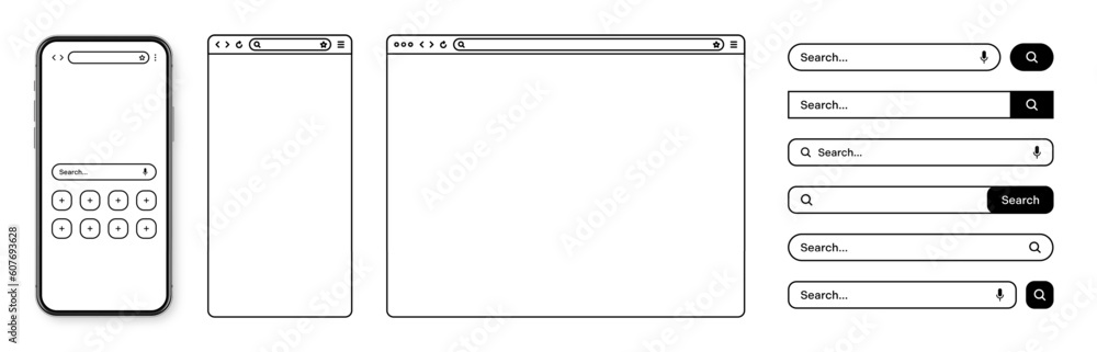 Smartphone, web browser, internet page window with toolbar and search ...