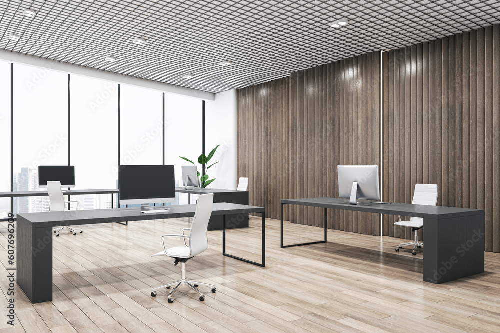 Open space office interior design with city view background from ...