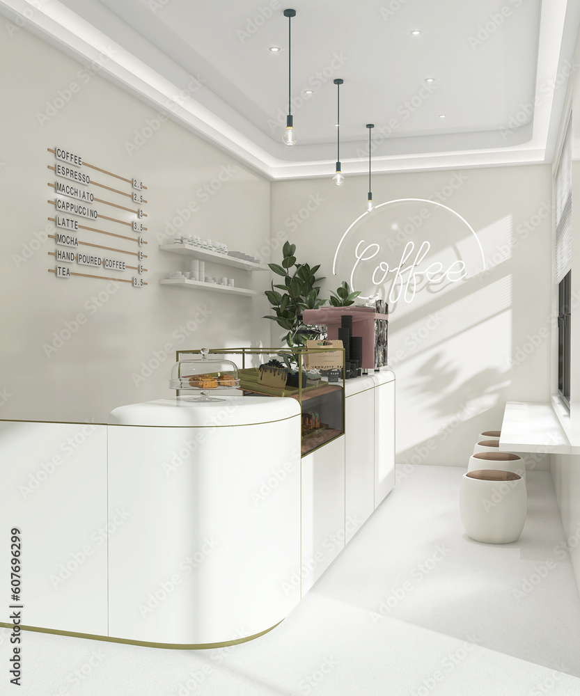 Small modern Korean style design cafe, glossy ivory white counter, cake ...