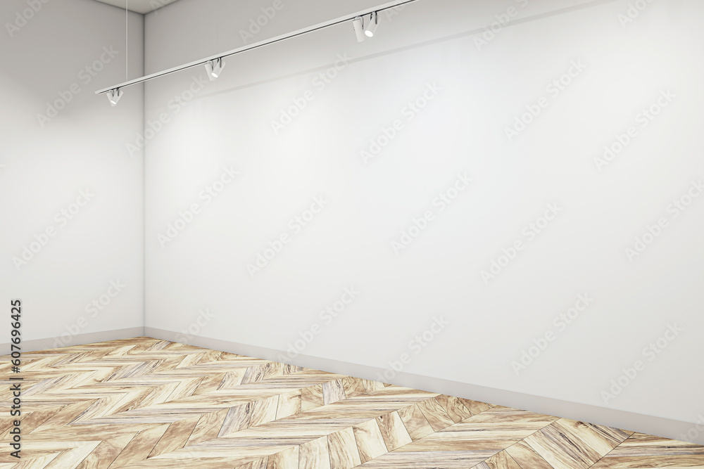 Corner view of minimalistic gallery interior with ceiling lamps and ...