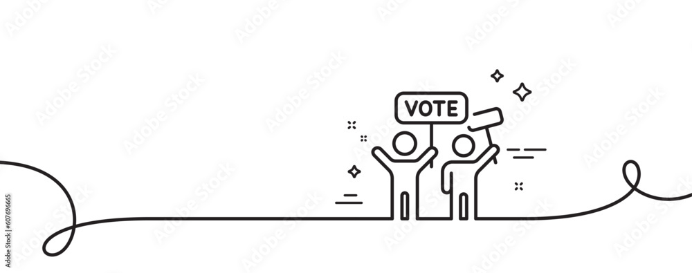 Voting campaign line icon. Continuous one line with curl. People rally ...