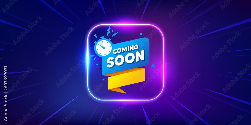 Coming soon paper banner. Neon light frame offer banner. Timer ...
