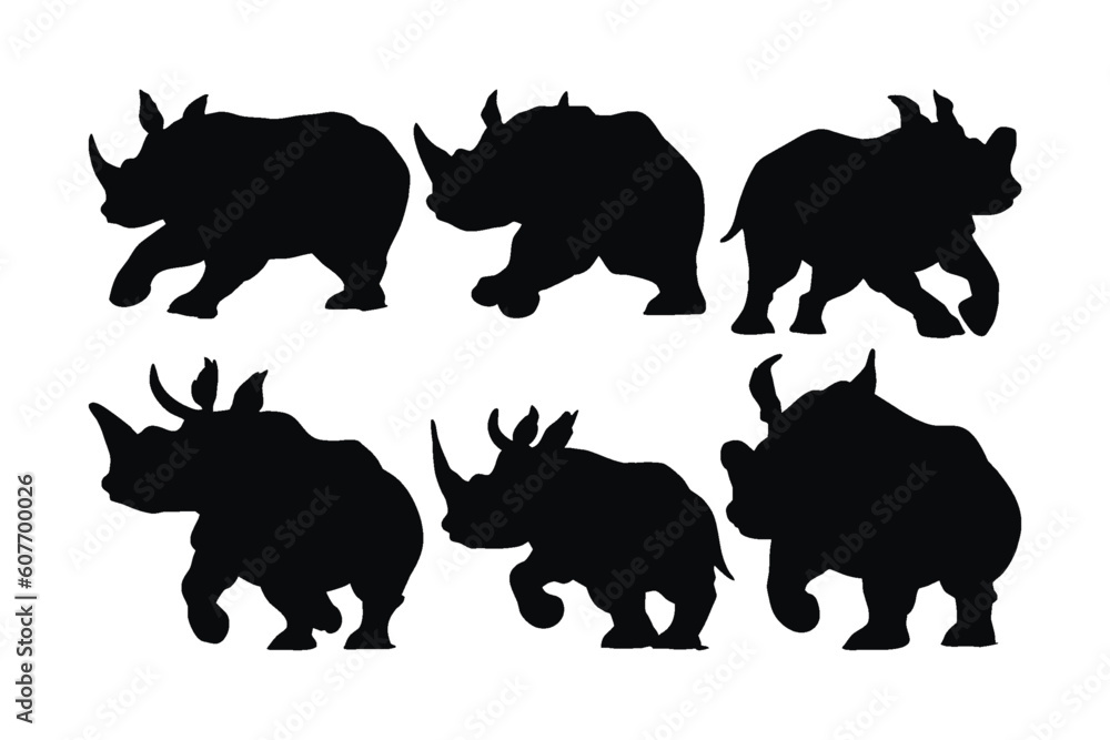 Wild peaceful rhino running in different positions. Herbivorous rhino ...