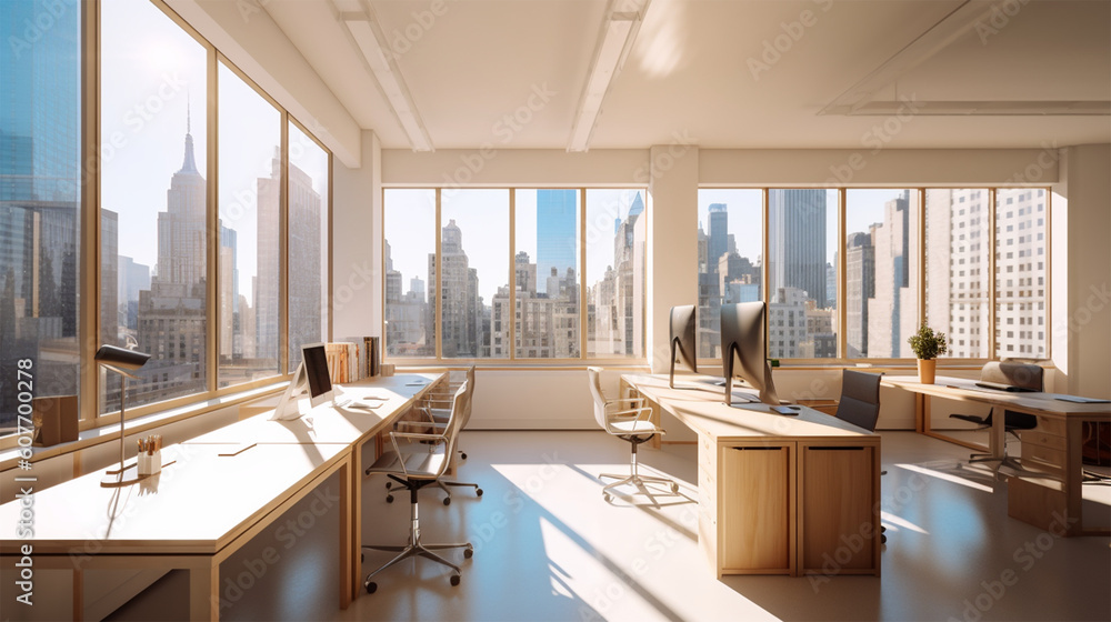 large open area with large windows and lots of work desks, in the style ...