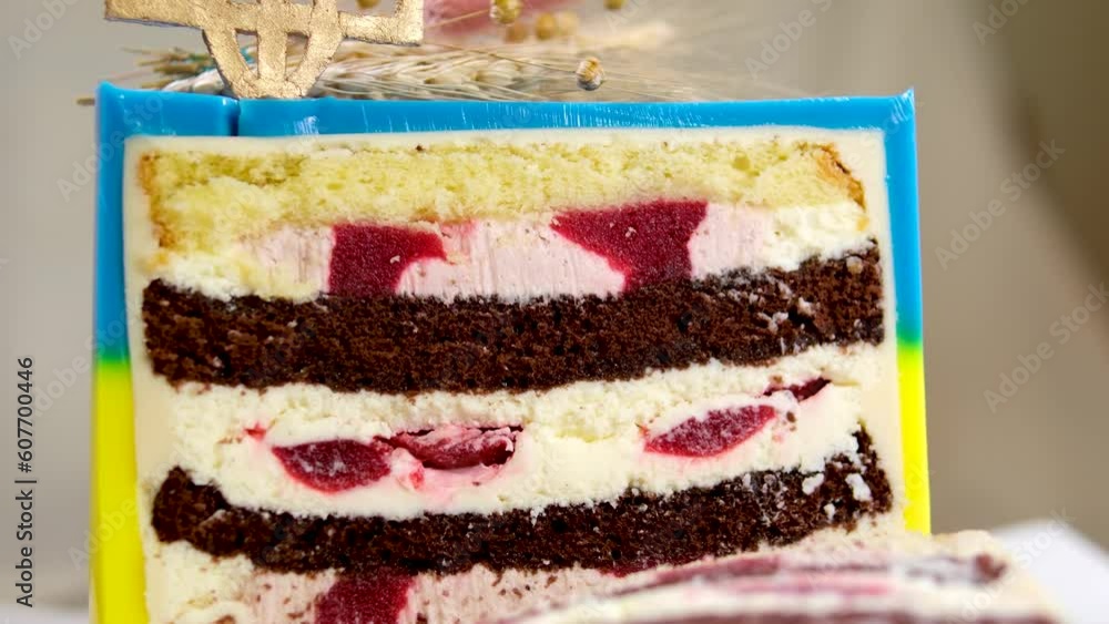 cake in form of Ukrainian flag yellow and blue layer process of making ...