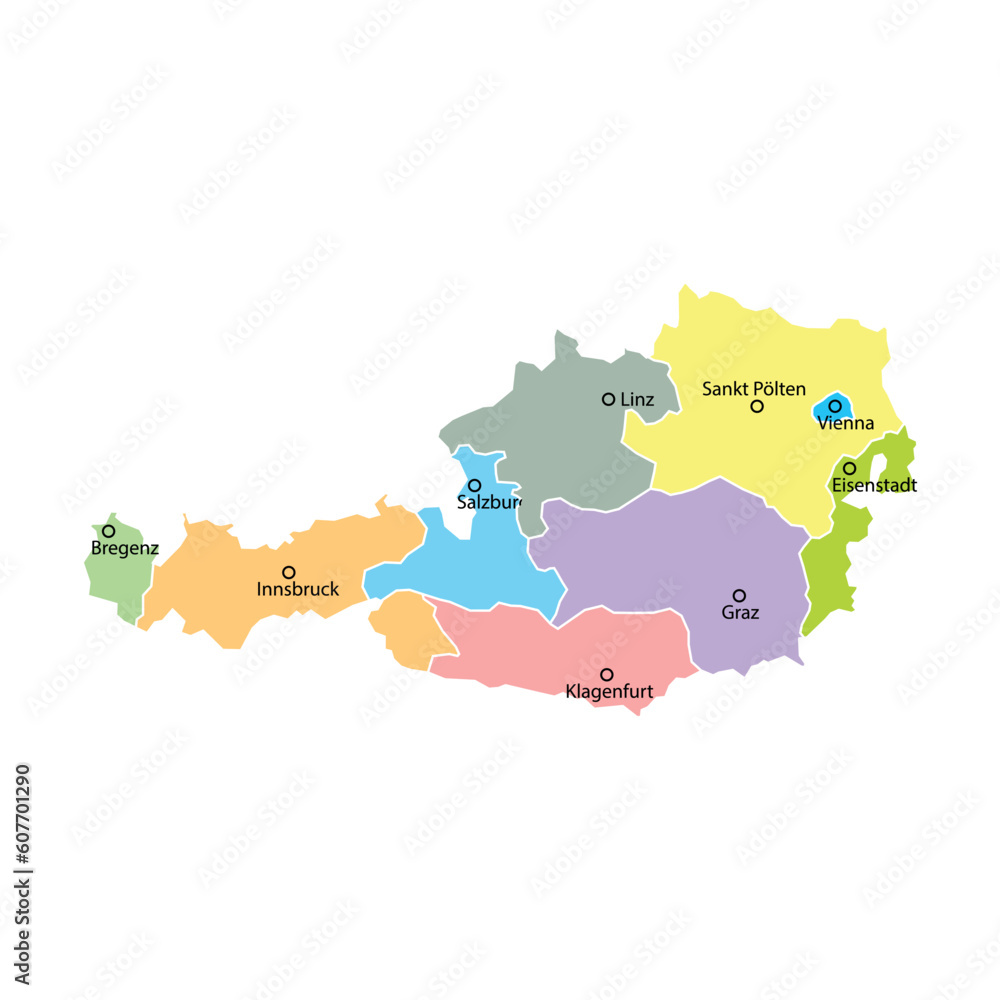 austria map background with regions, region names and cities in color ...