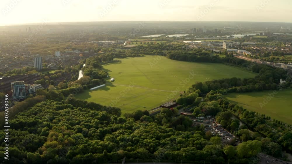 Aerial shot towards Hackney Marshes playing fields East London Stock ...