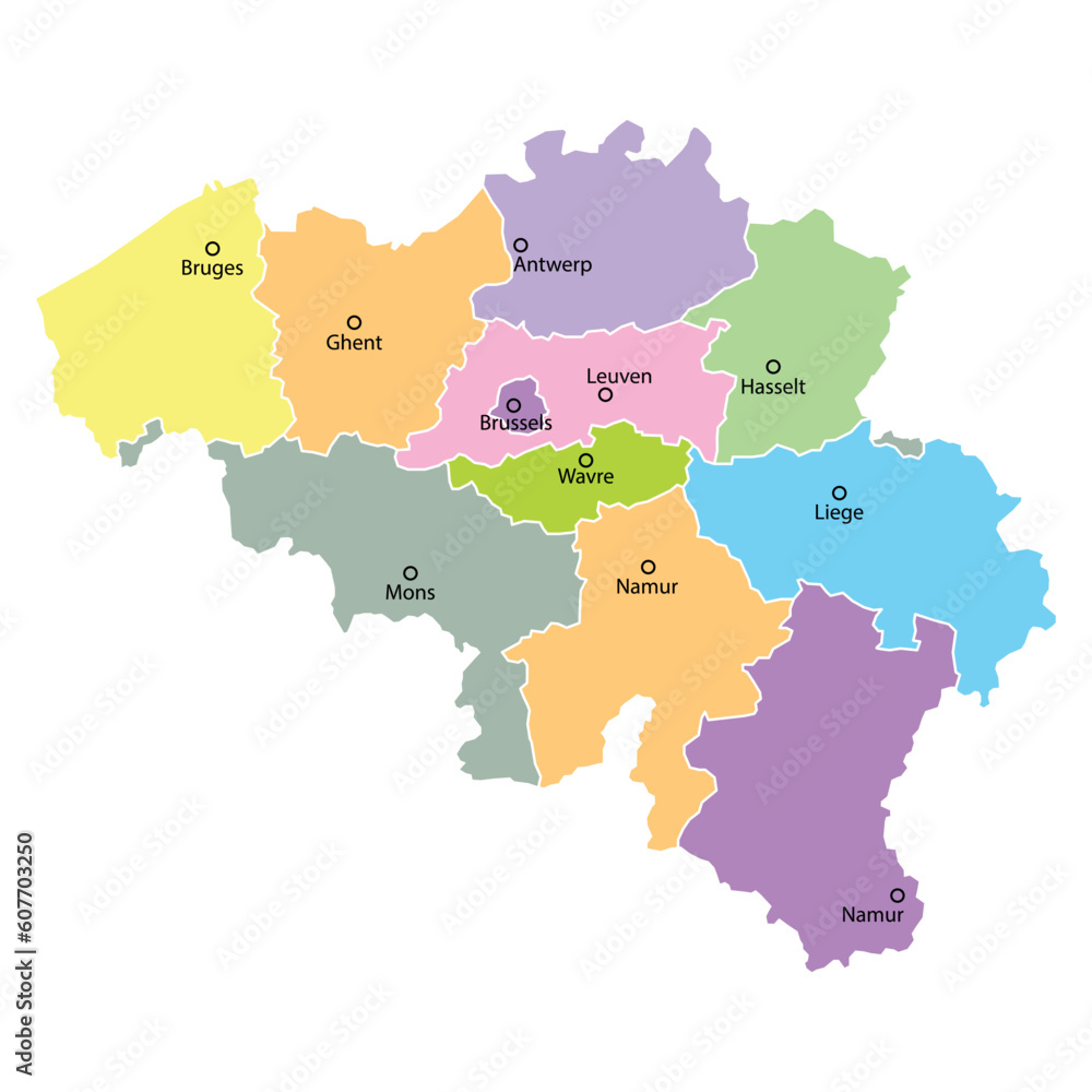 belgium map background with regions, region names and cities in color ...