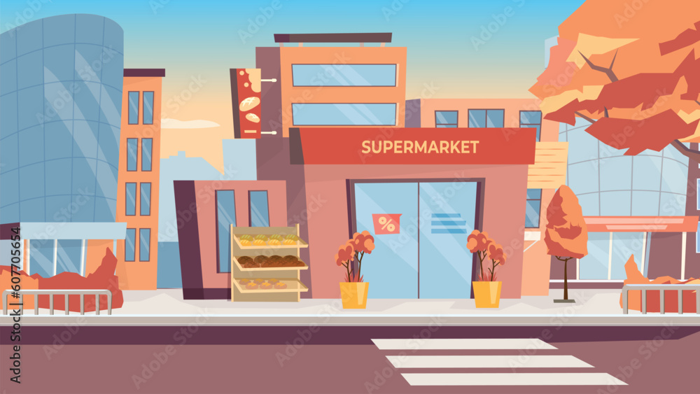 Concept Supermarket street. A flat, cartoon-style design of a ...